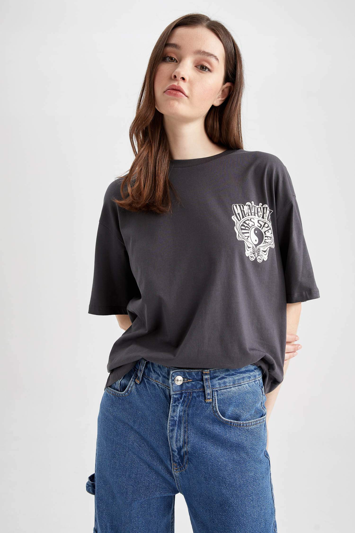 Anthracite WOMAN Loose Fit Crew Neck Printed Short Sleeve T-Shirt ...