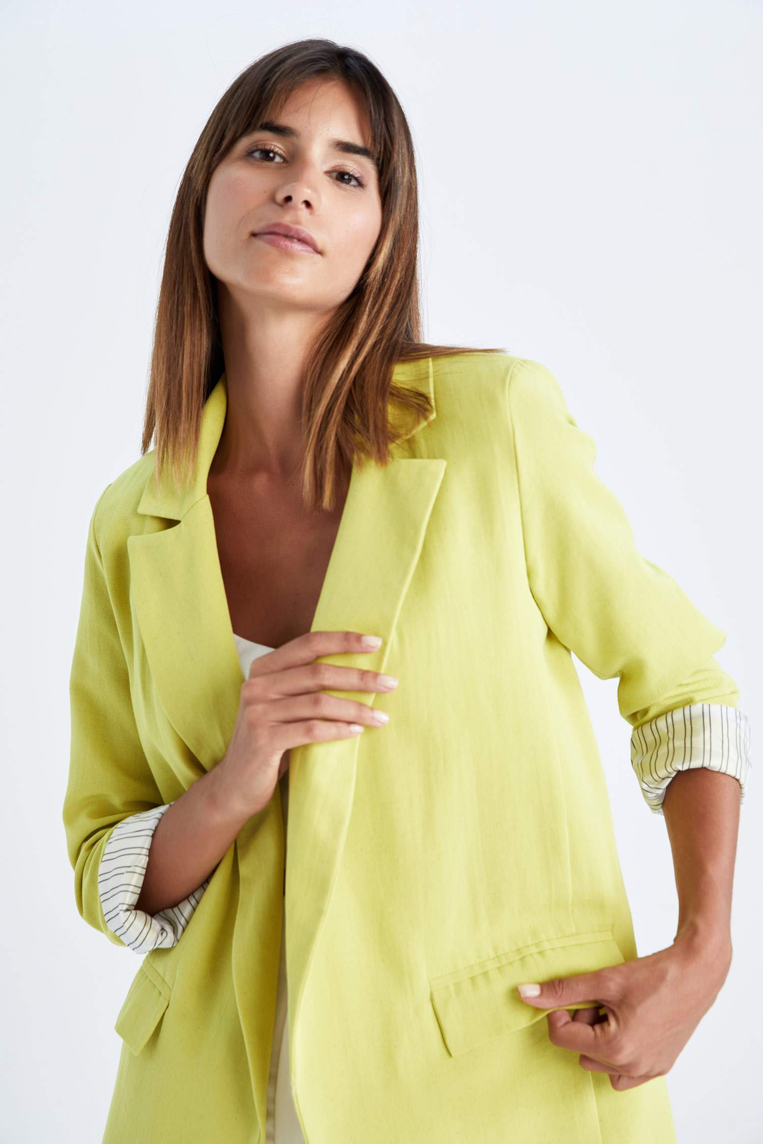 Green WOMAN Loose Fit Jacket Collar Linen Blend Blazer 2679839 | DeFacto