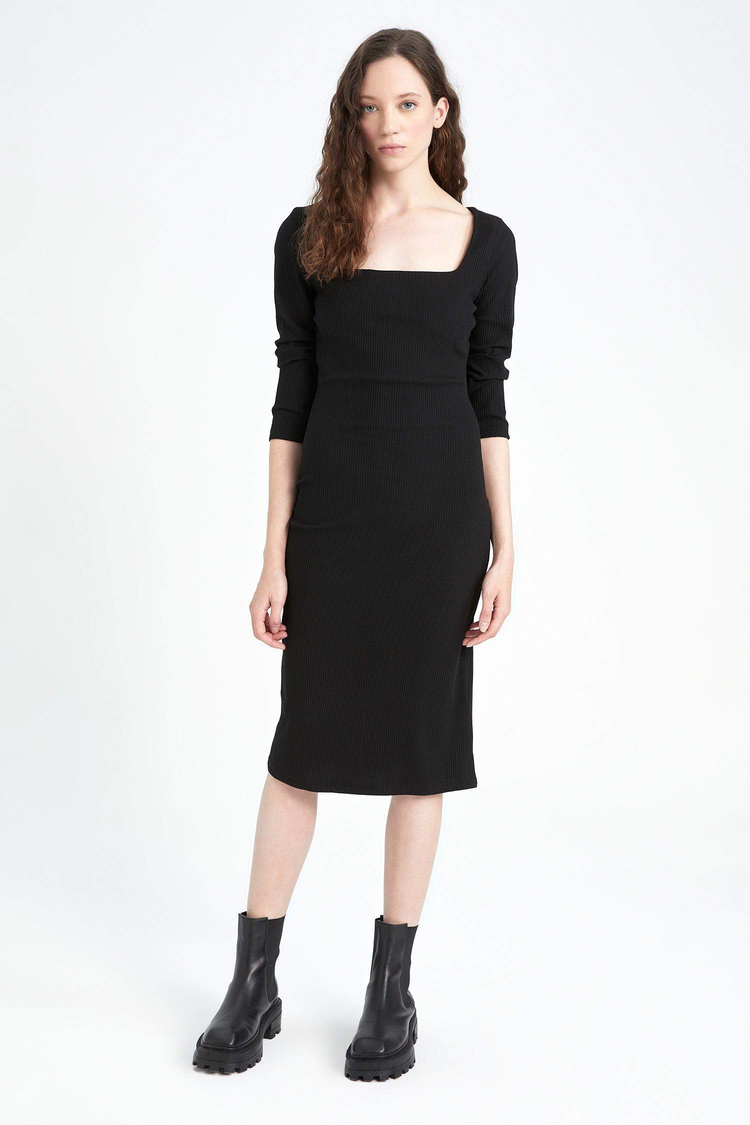 Siyah Kadın Bodycon Kare Yaka Fitilli Kaşkorse Midi Yarım Kol Uzun Kollu Elbise 2765568 | DeFacto