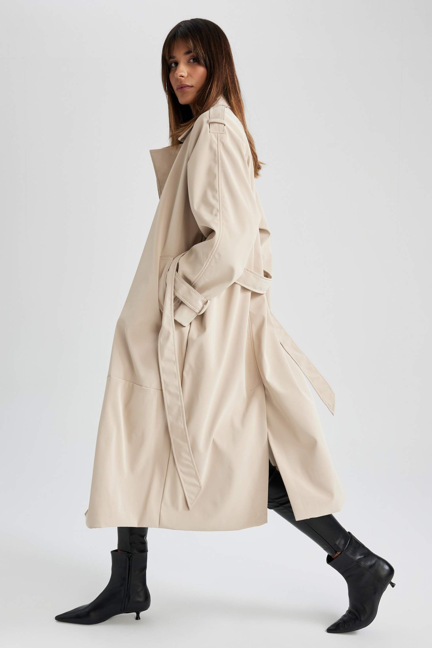 Beige Woman Water Repellent Faux Leather Belted Trench Coat 2723051 | DeFacto