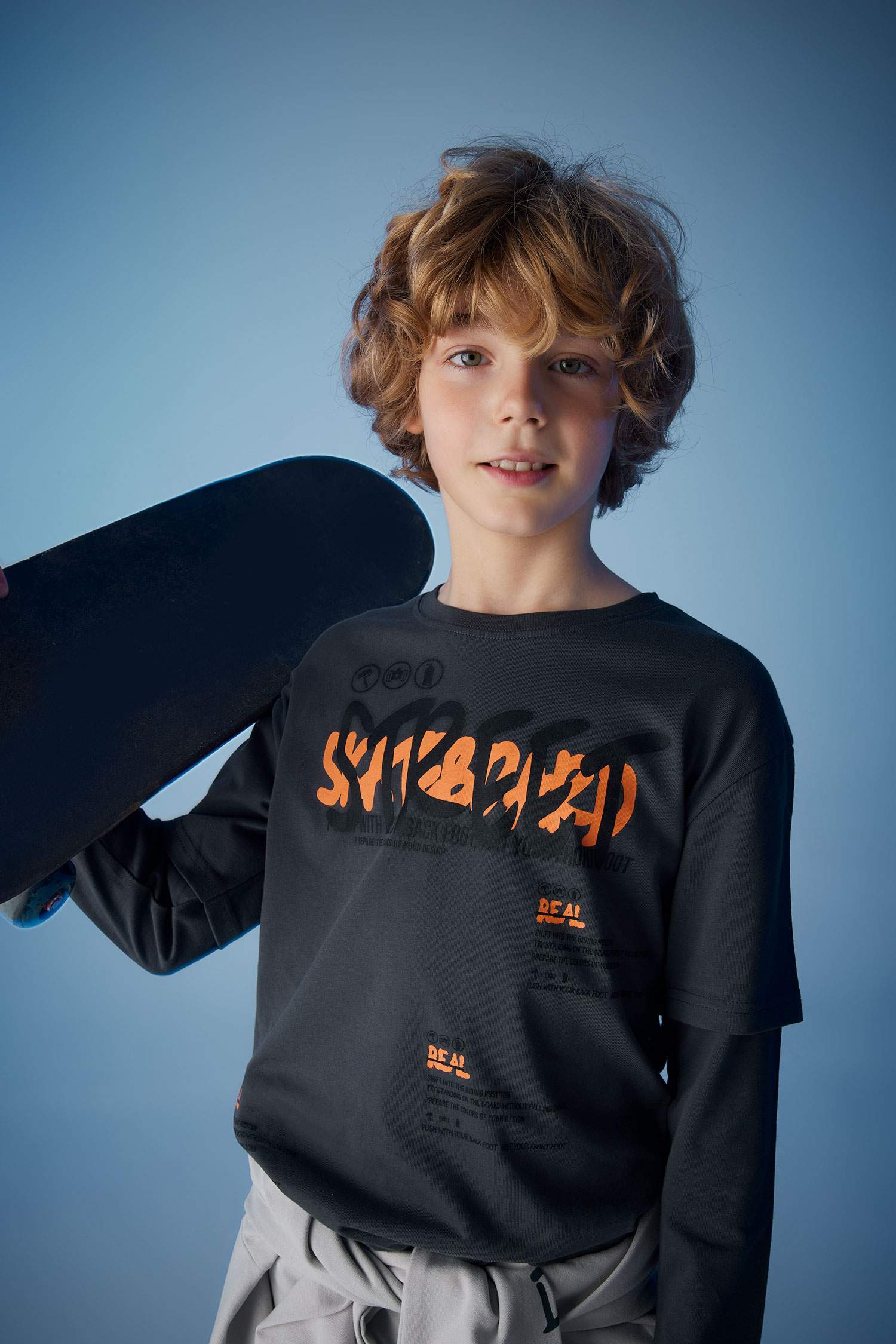 Anthracite Boys & Teens Boy Oversize Fit Crew Neck Combed Long Sleeve T ...