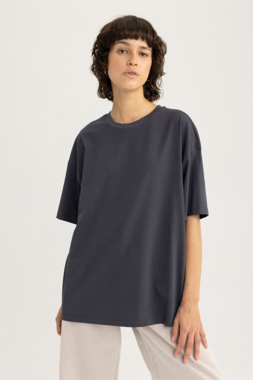 Antrasit Kadın Oversize Fit Bisiklet Yaka Kısa Kollu %100 Pamuk Tişört ...