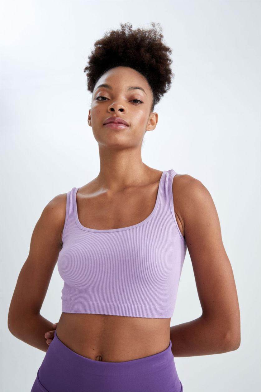 Purple WOMAN DeFacto Fit Round Neck Seamless Seamless Bra Ribbed Sports ...