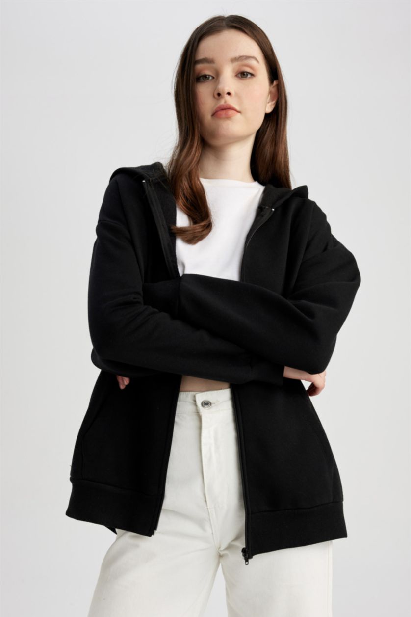 Siyah Kadın Oversize Geniş Kalıp Kapüşonlu Fermuarlı Basic Sweatshirt ...